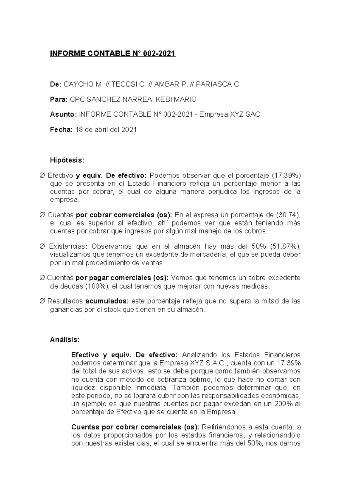 Informe Contable Nª002 - INFORME CONTABLE N° 002- De: CAYCHO M. // TECCSI C. // AMBAR P ...