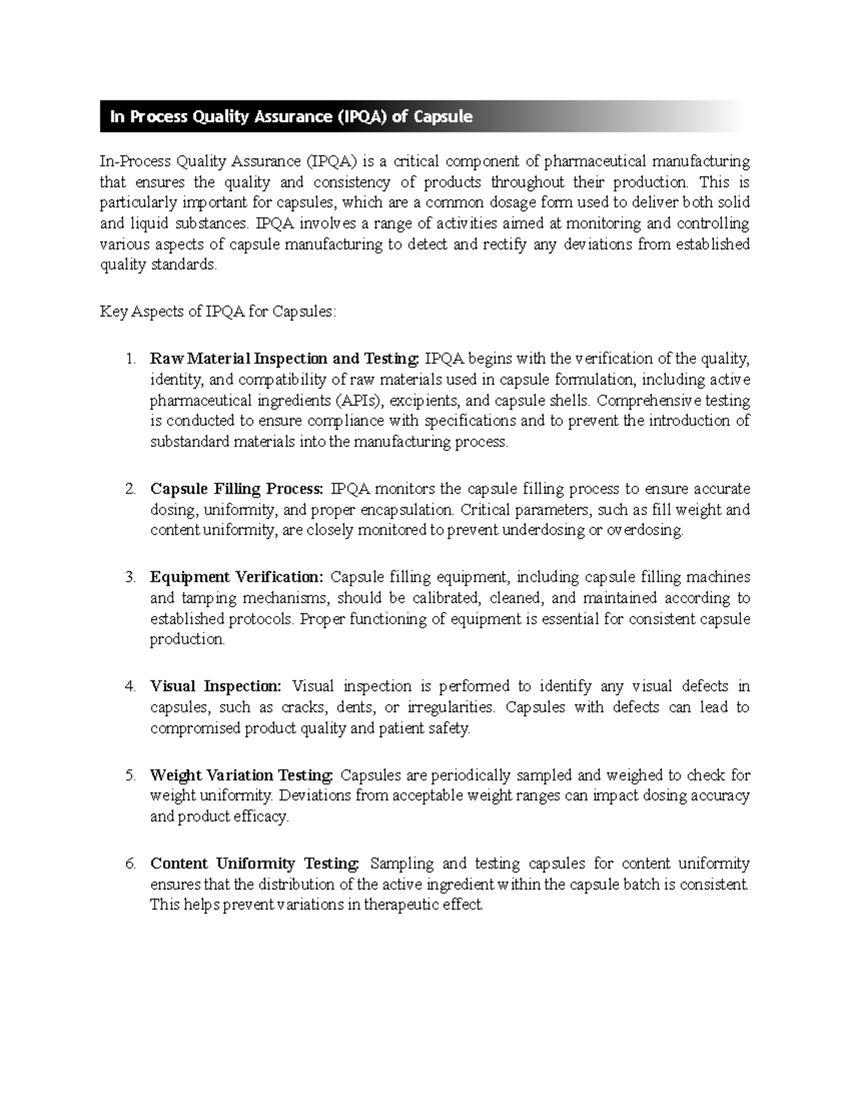 IPQA, Capsule and Injectable - In-Process Quality Assurance (IPQA) is a ...