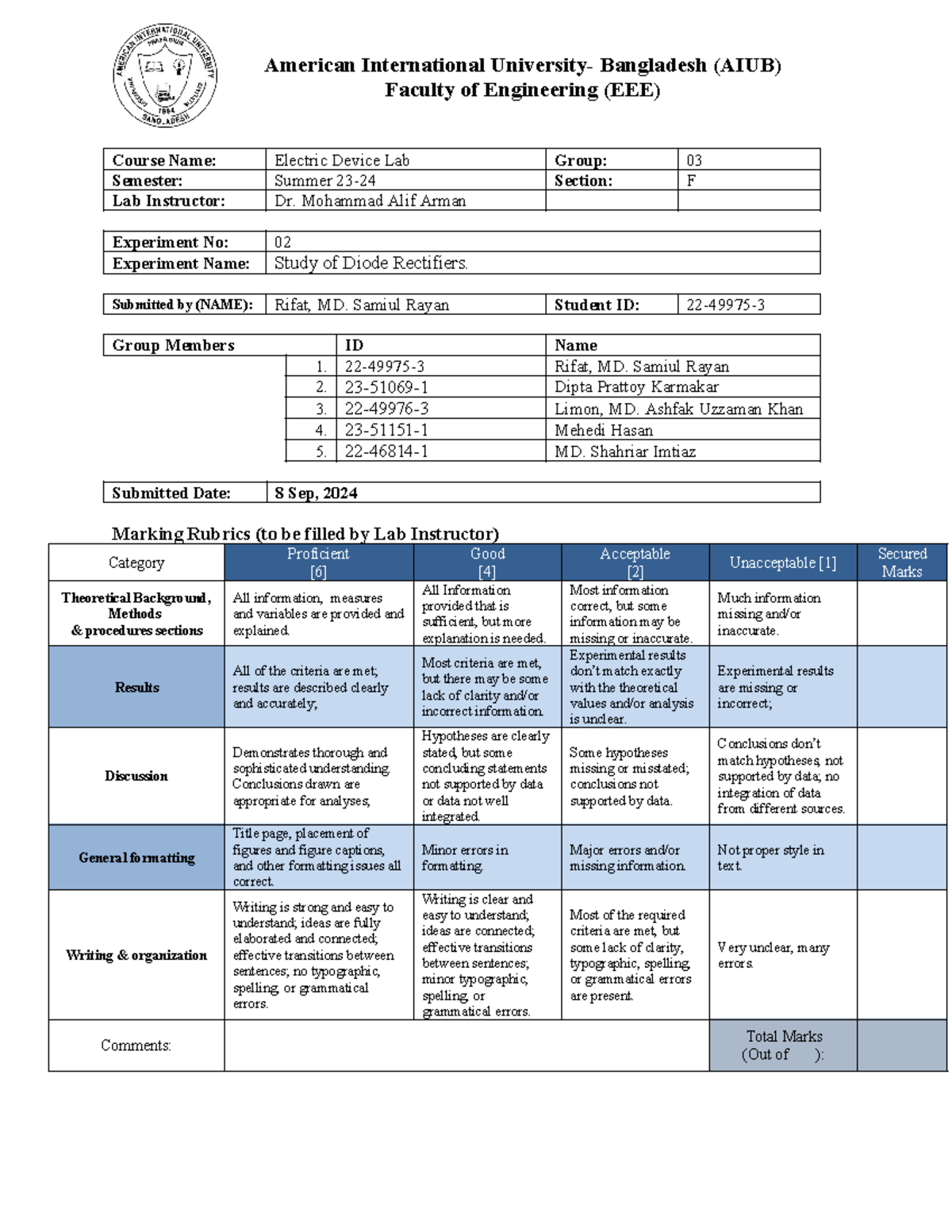 Lab report 2group 3 cuted - Marking Rubrics (to be filled by Lab ...