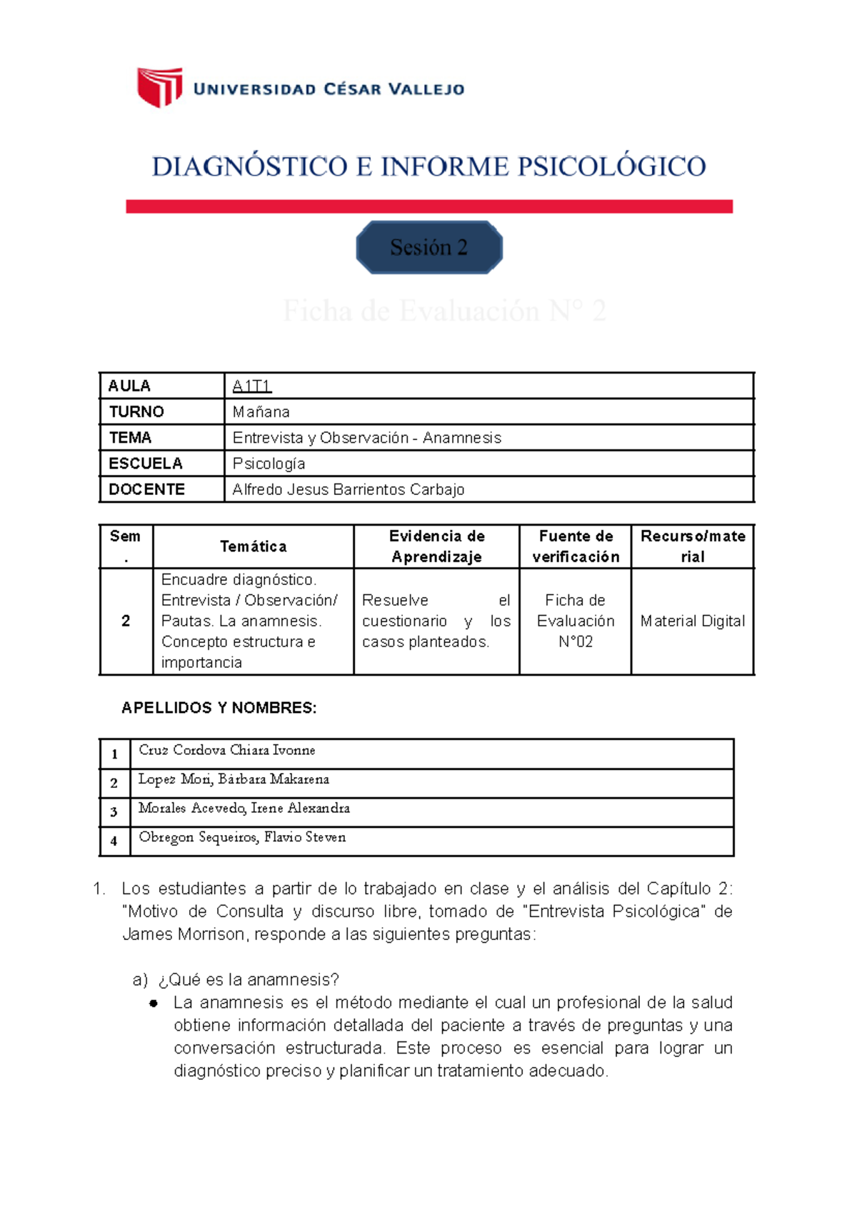 Ficha DE Evaluación -DIAG-INFO - Sesión 2 - 2024-2 (1) - AULA A1T TURNO Mañana TEMA Entrevista y ...