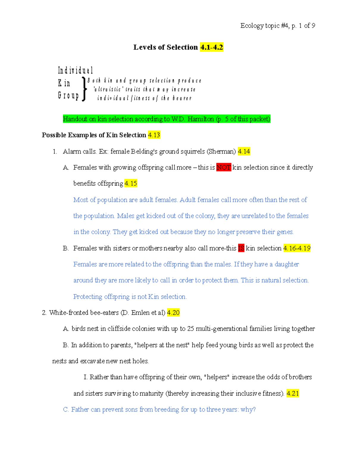 4. Levels of selection outline (262) - Levels of Selection 4-4. Handout ...