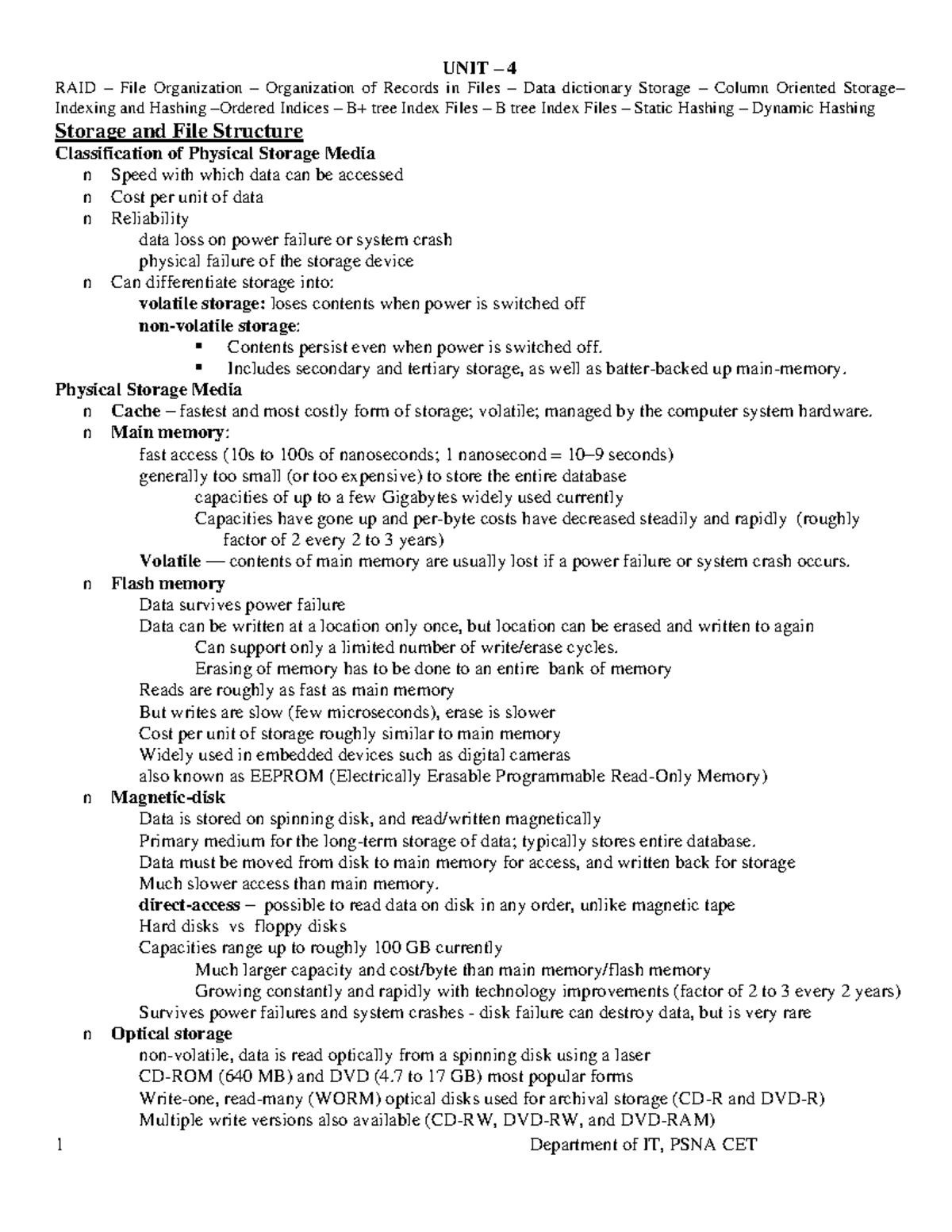 Unit 4 - dbms - UNIT – 4 RAID – File Organization – Organization of Records in Files – Data ...
