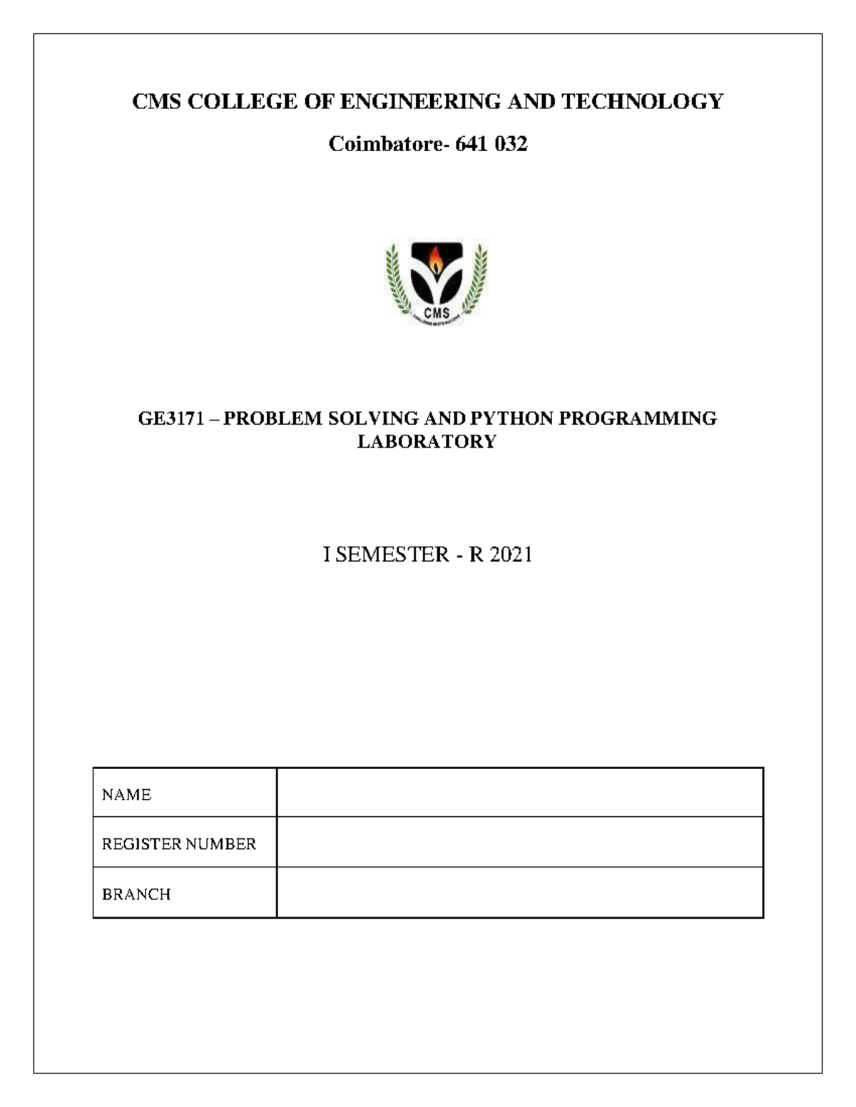 Pspp lab record - manual - CMS COLLEGE OF ENGINEERING AND TECHNOLOGY Coimbatore- 641 032 GE3171 ...