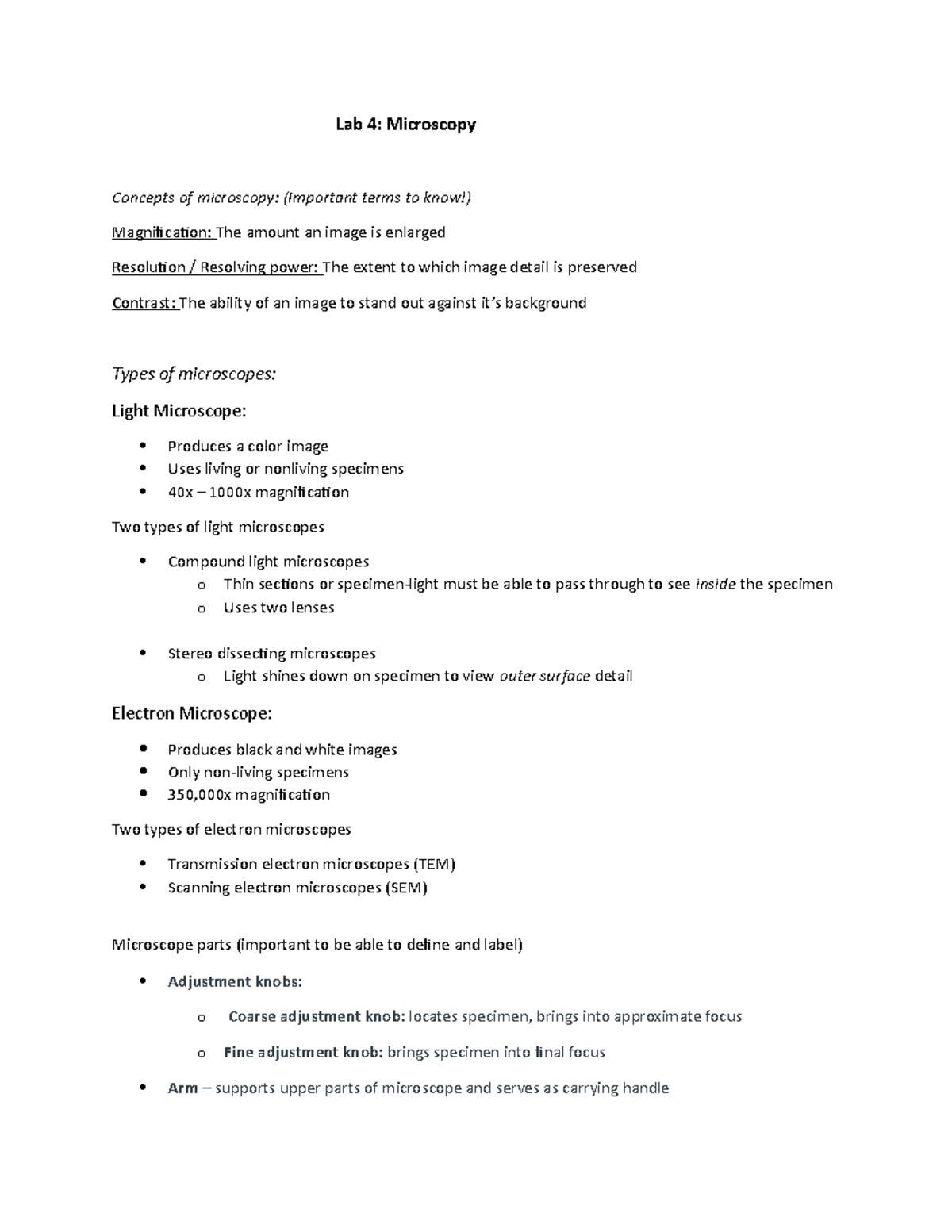Lab 4: Microscopy Notes - Lab 4: Microscopy Concepts of microscopy ...