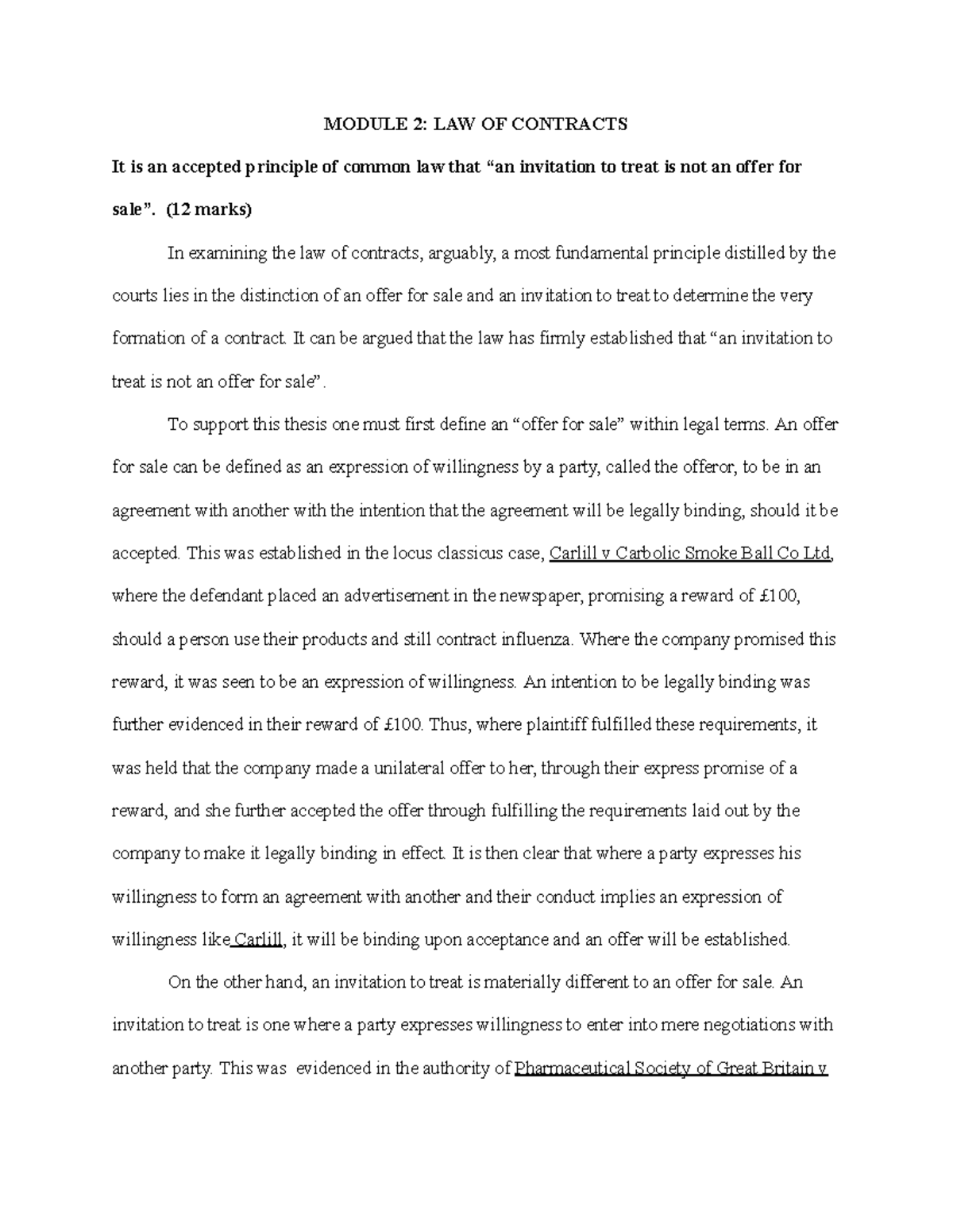 Past Paper Revision Law - MODULE 2: LAW OF CONTRACTS It is an accepted ...