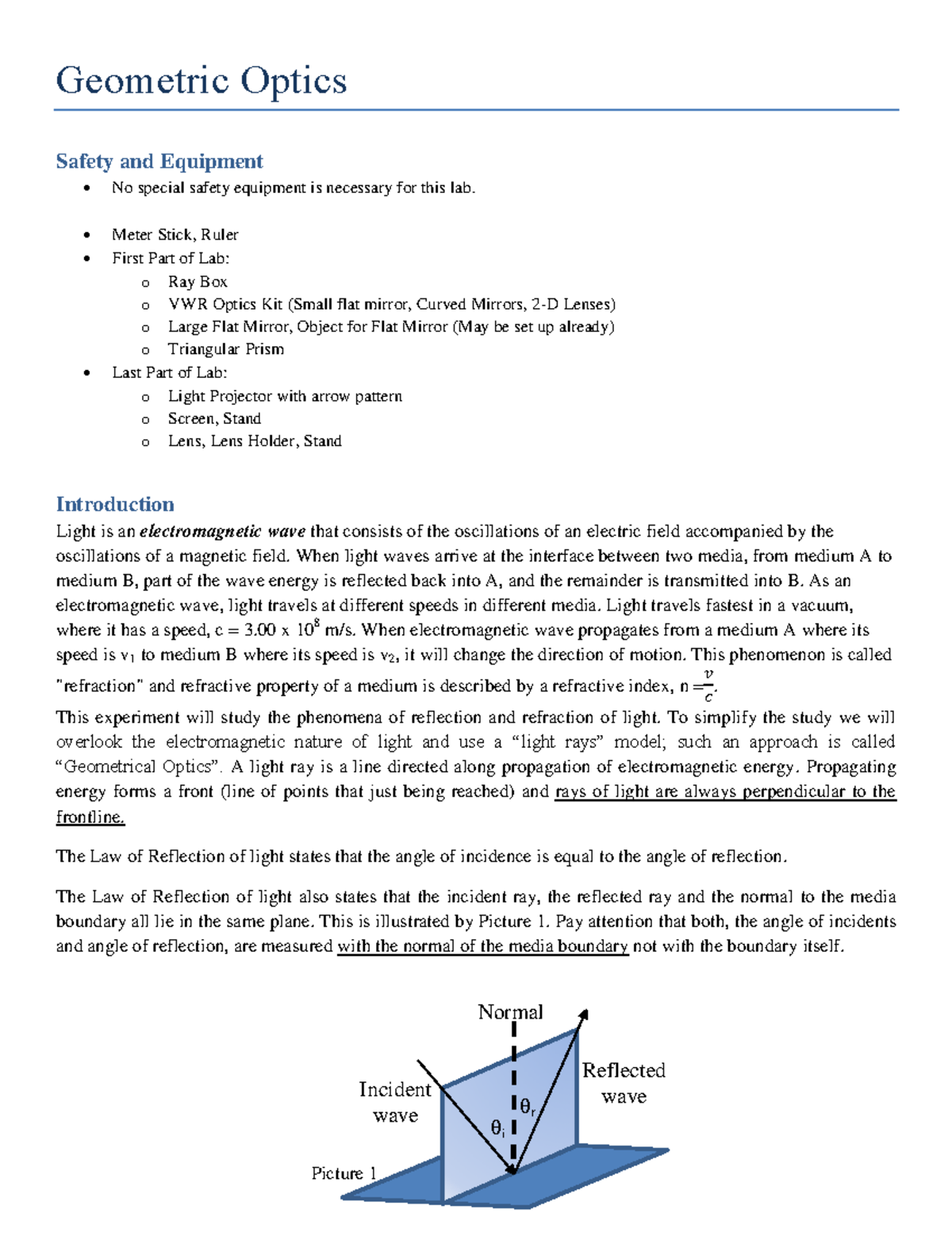 12 Instr - Geometric Optics - Geometric Optics Safety and Equipment No ...