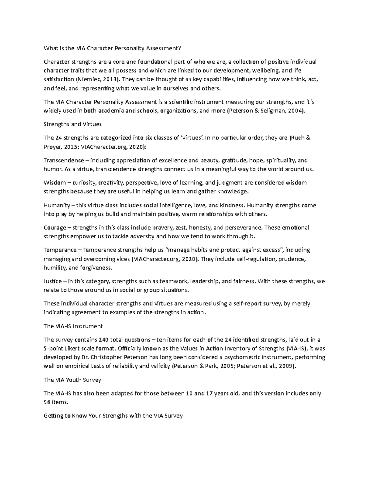 Assignment positive psychology - What is the VIA Character Personality ...