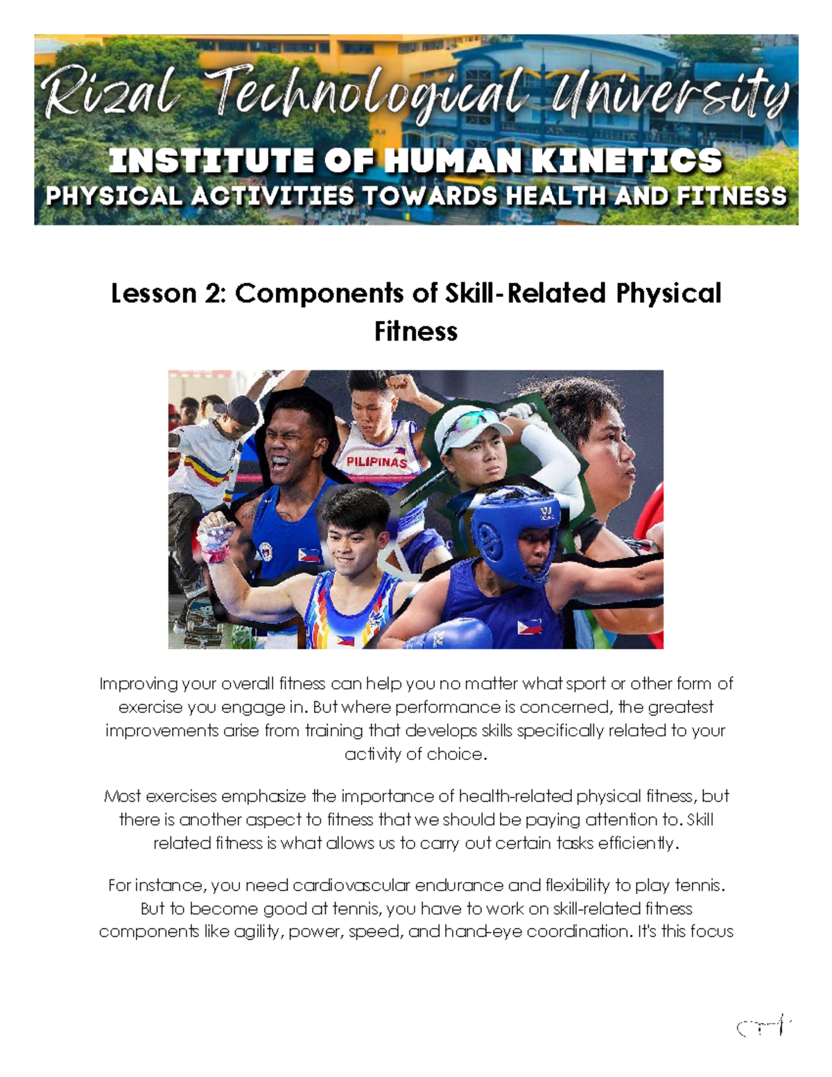Lesson 2 - Components of Skill-Related Physical Fitness - RTU - Lesson ...
