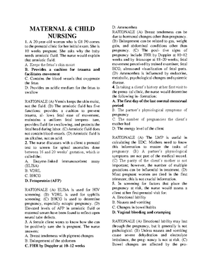 Mat Ped Practice Exam - NCM 109 CARE OF MOTHER, CHILD AT RISK WITH PROBLEMS (ACUTE AND CHRONIC ...