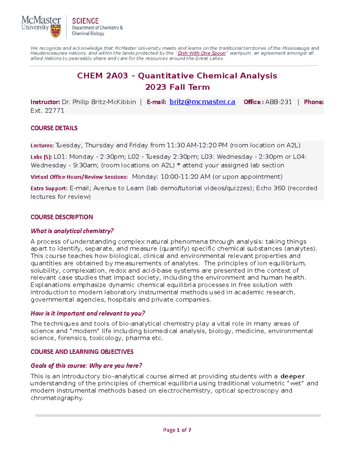 CHEM 2A03-F2023 - course outline 2023 - We recognize and acknowledge ...