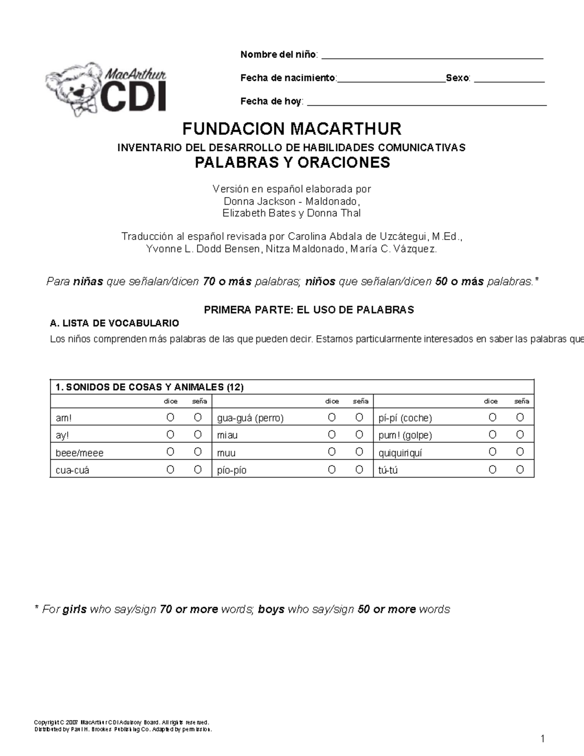 Inventario del desarrollo comunicativo macarthur bates - Copyright C ...