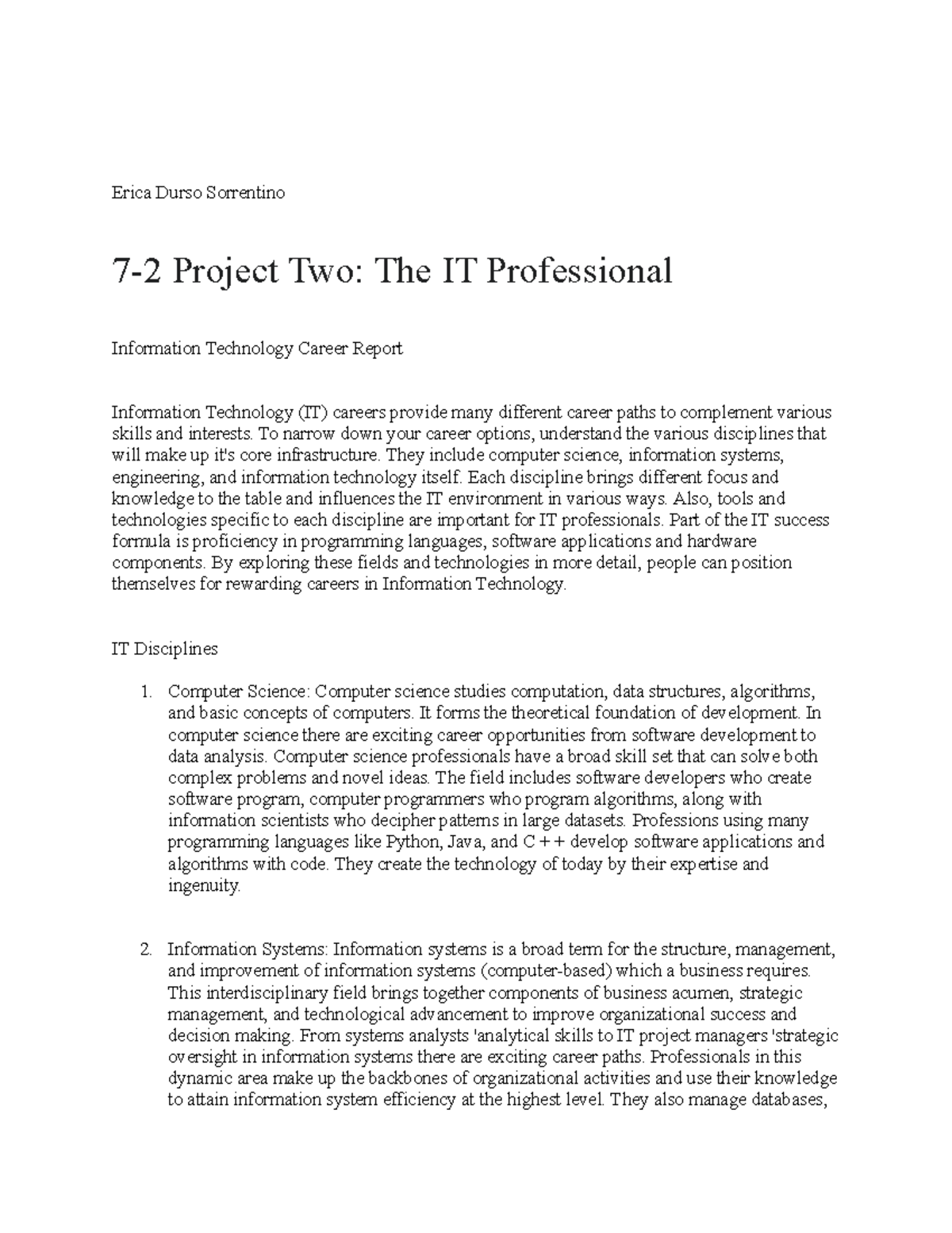 7 2 Project Two The IT Professional - Erica Durso Sorrentino 7-2 ...