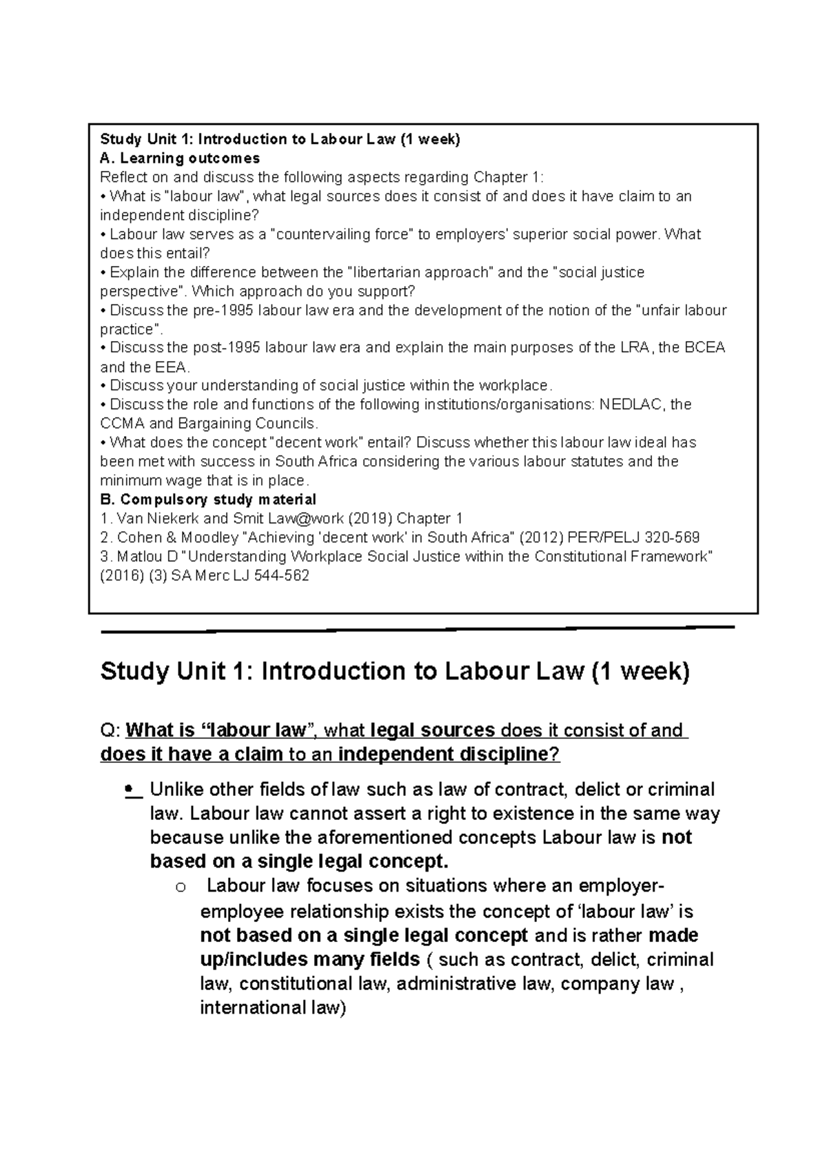 Study Unit 1 Introduction to Labour law - Learning outcomes Reflect on ...