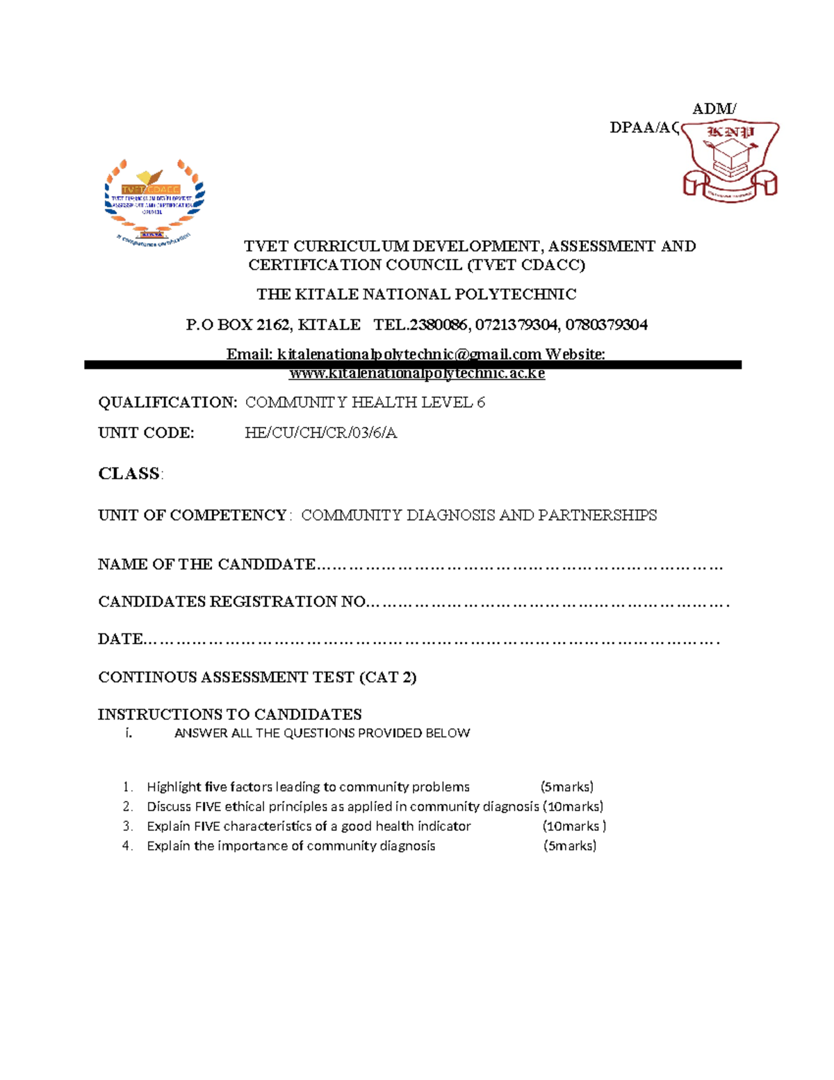 Community diagnosis CAT 2 - ADM/ DPAA/AQAS/F TVET CURRICULUM ...