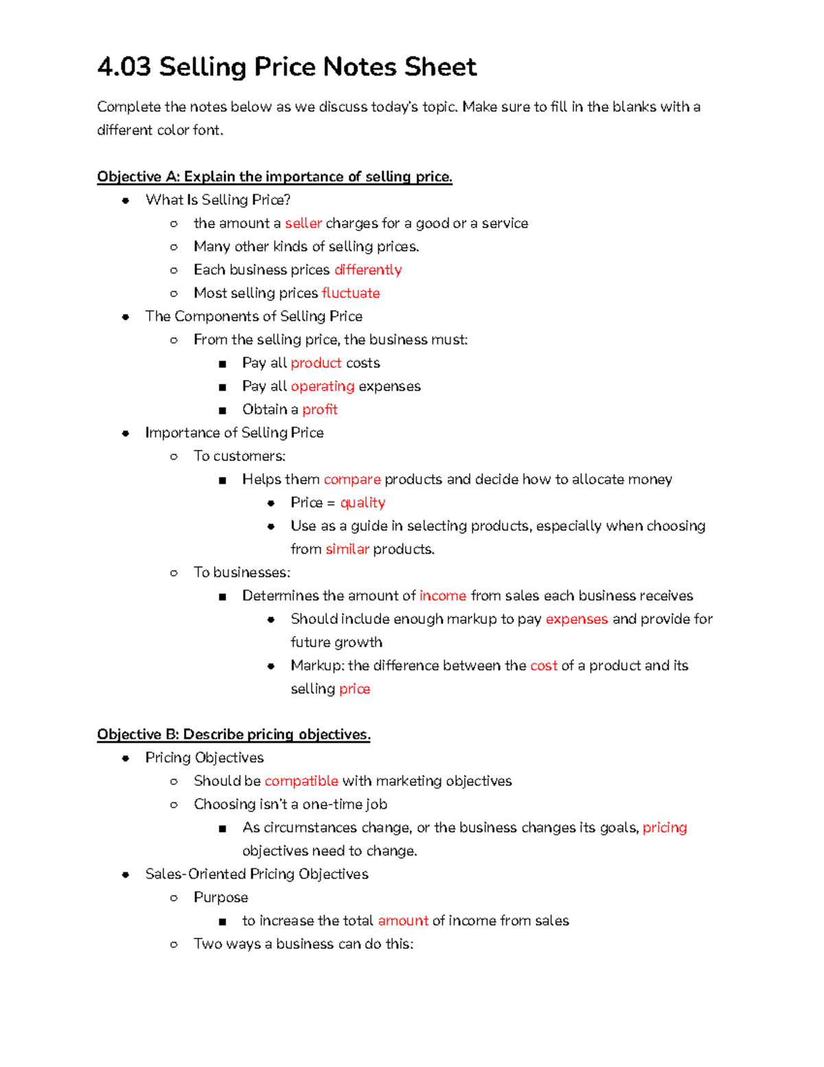 4.03 Selling Price Notes Sheet - 4 Selling Price Notes Sheet Complete ...