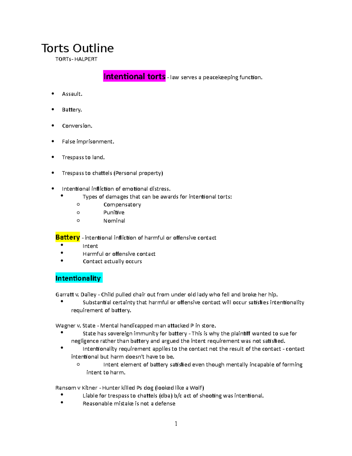Torts Outline Notes 2017 Halp. - Torts Outline TORTs- HALPERT ...