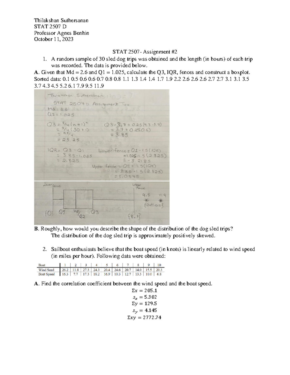Assignment Two-1 - STAT 2507 D Professor Agnes Benhin October 11, 2023 STAT 2507- Assignment # 2 ...