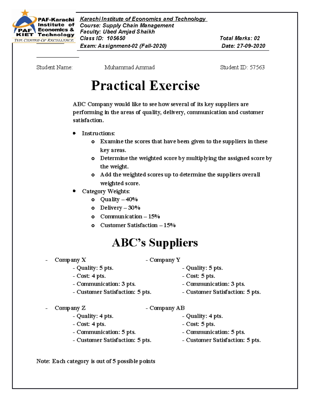 SCM Assignment # 02 - Karachi Institute of Economics and Technology ...