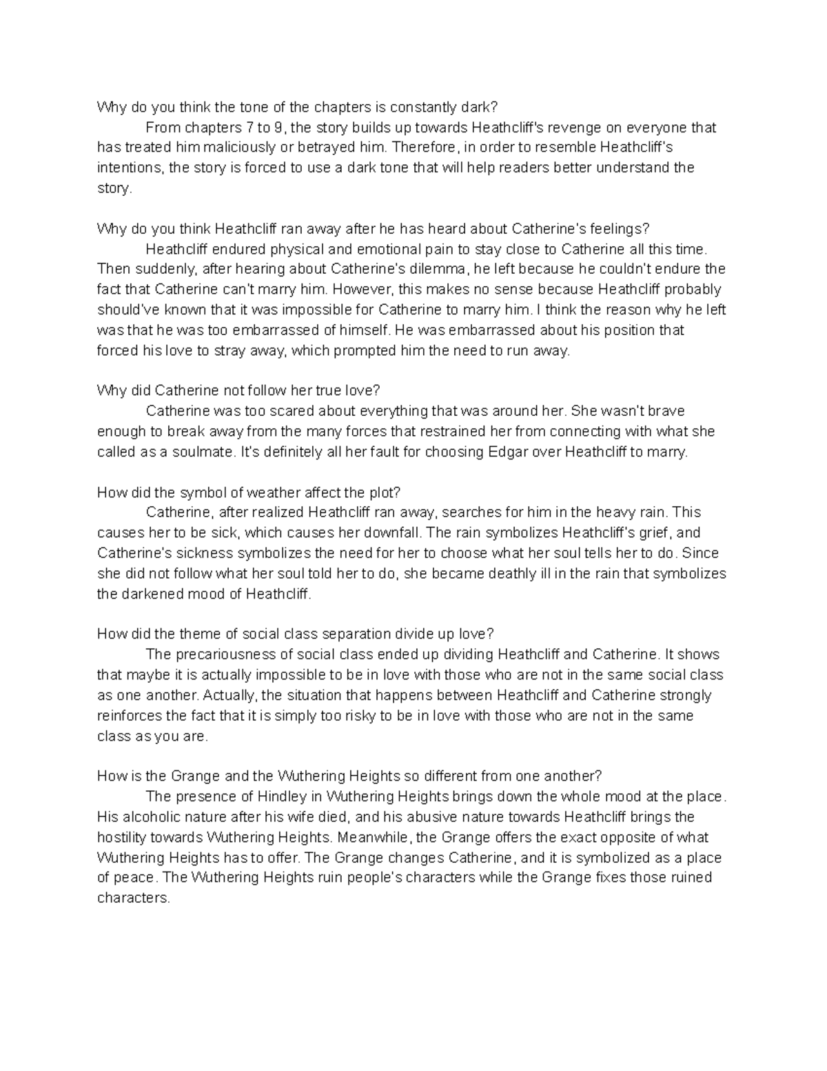 Wuthering Heights Questions - Why do you think the tone of the chapters ...