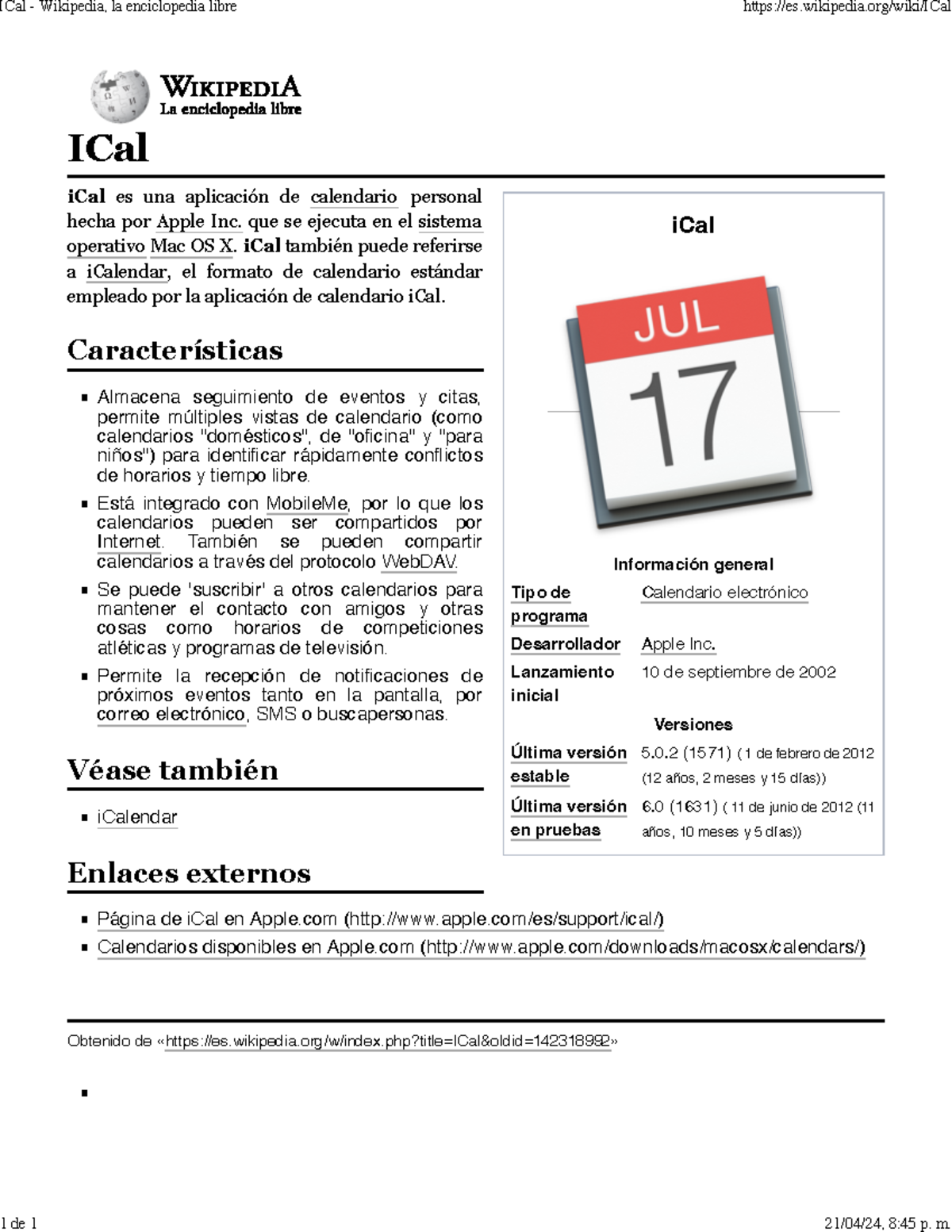 ICal - Wikipedia, la enciclopedia libre - iCal Información general Tipo ...