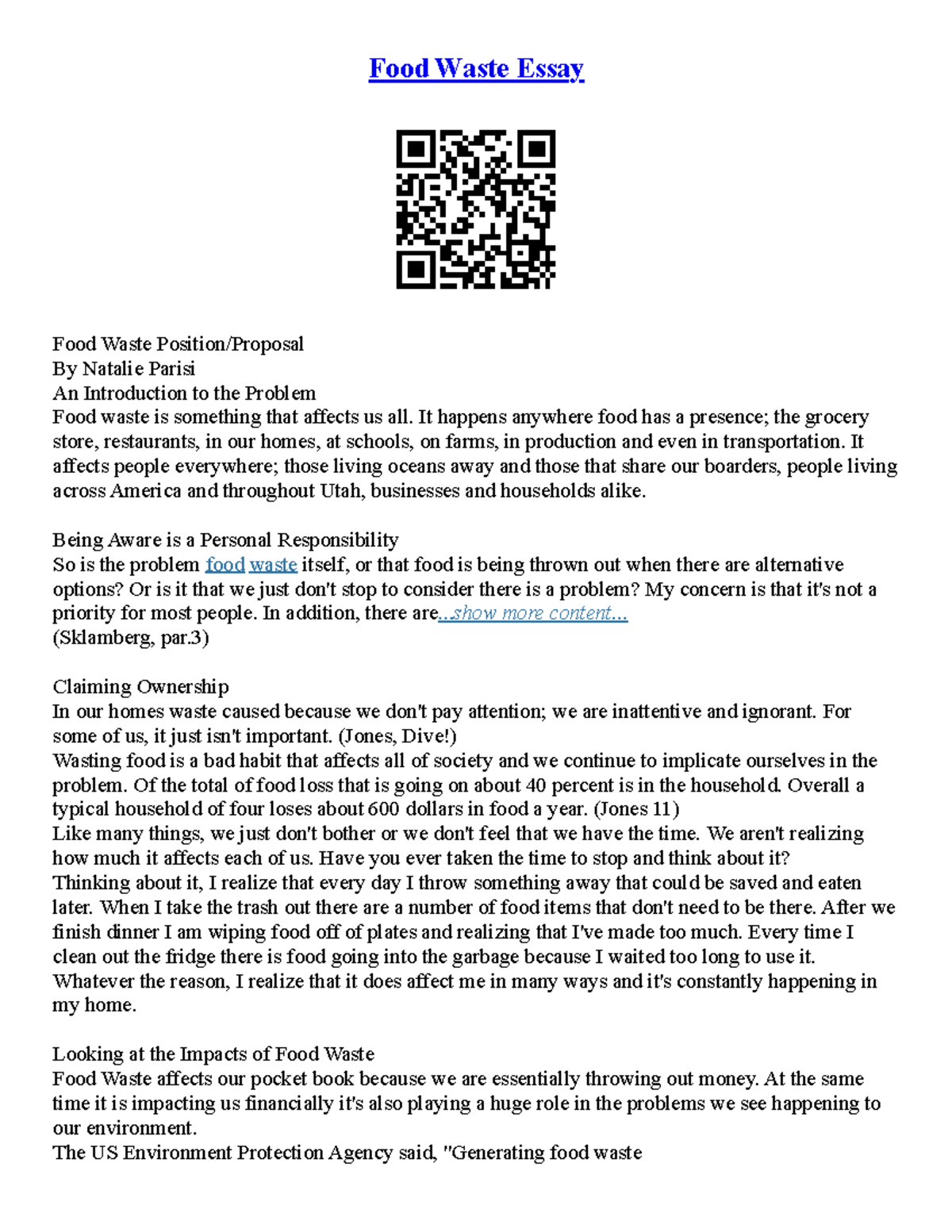 Introduction For Argumentative Essay - Food Waste Essay Food Waste ...