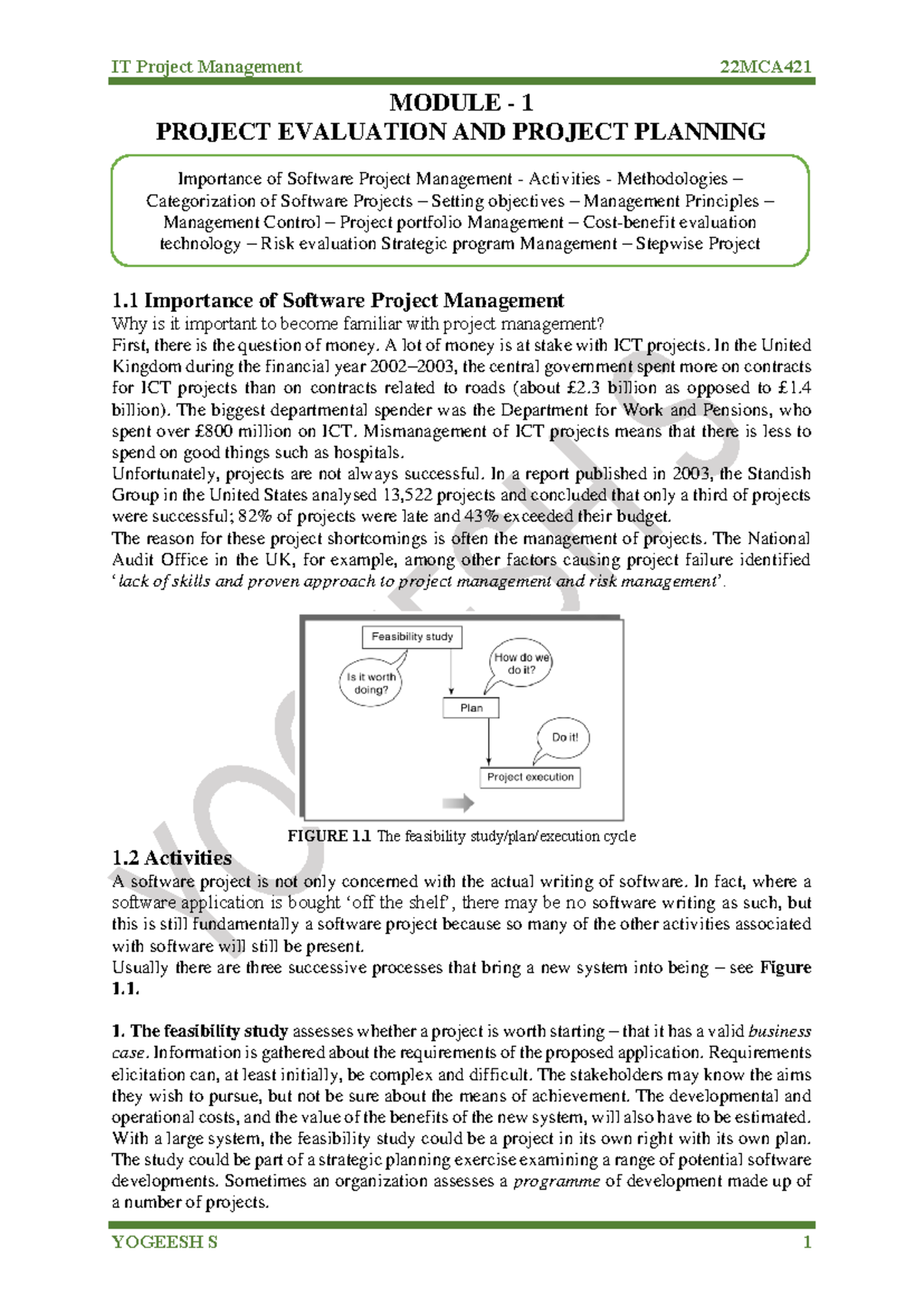 Module 1 notes - MODULE - 1 PROJECT EVALUATION AND PROJECT PLANNING 1 ...