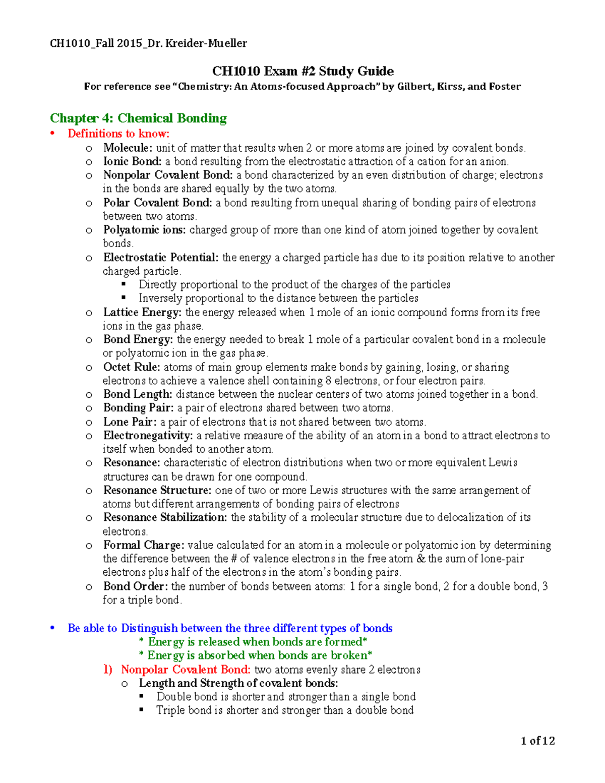 4-7 - Lecture notes chapters 4-7 - CH1010 Exam #2 Study Guide For ...