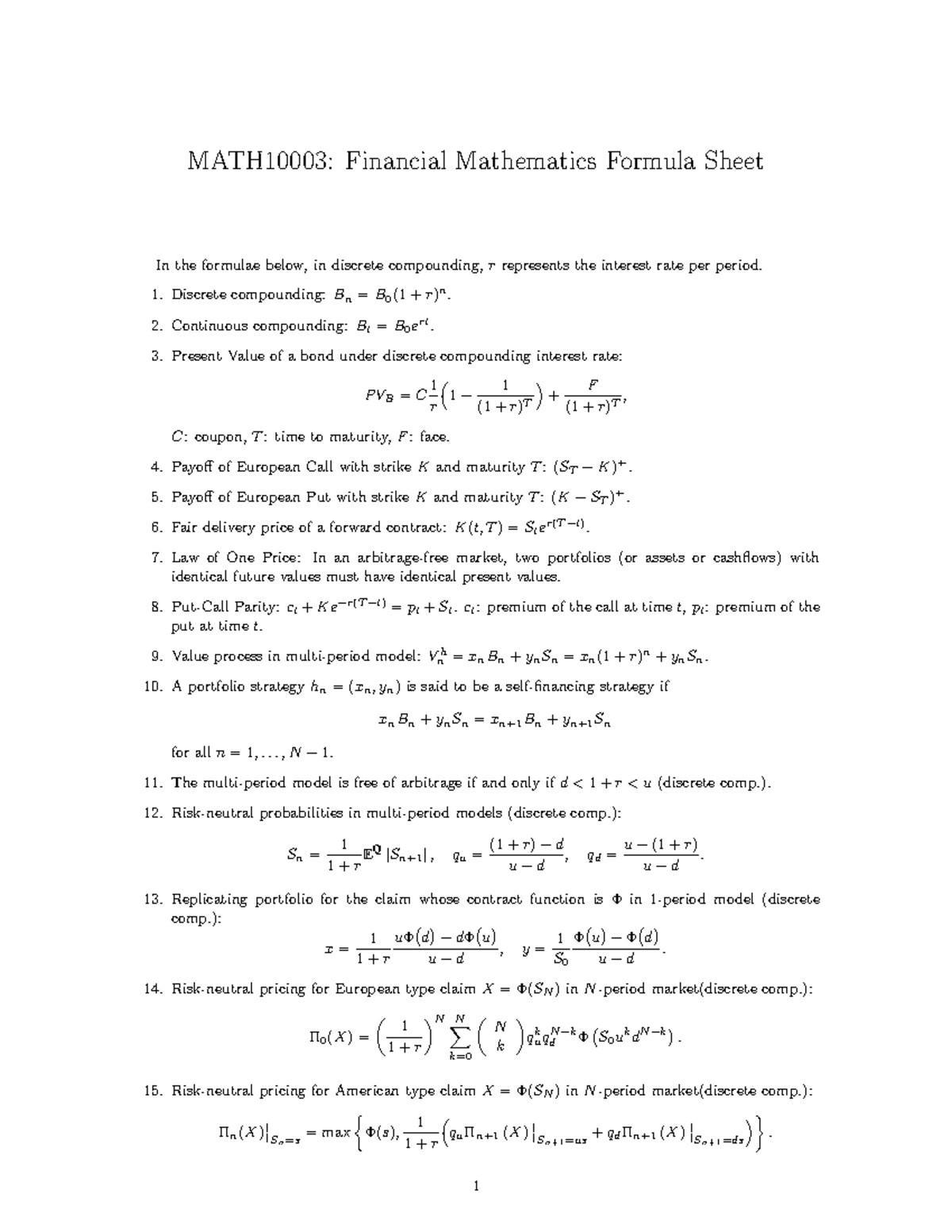 Formula sheet - Summary Financial Mathematics - MATH10003: Financial ...