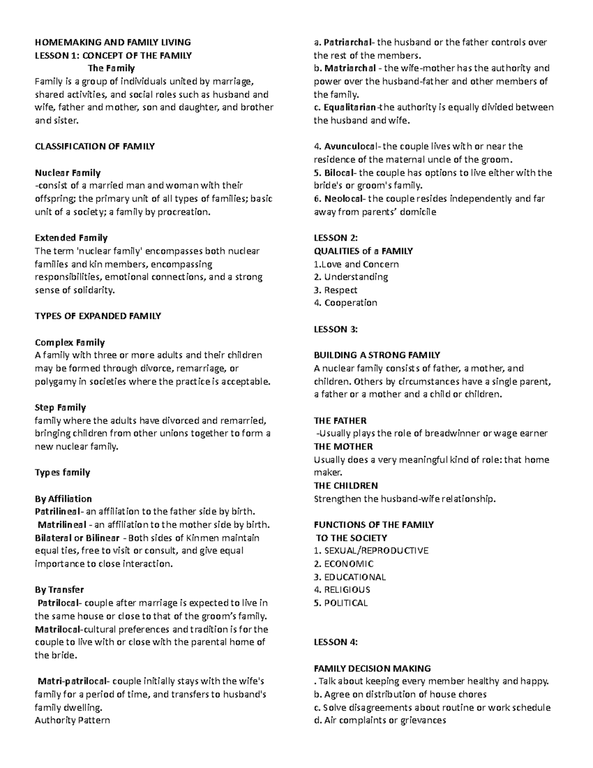 Homemaking AND Family Living - HOMEMAKING AND FAMILY LIVING LESSON 1 ...