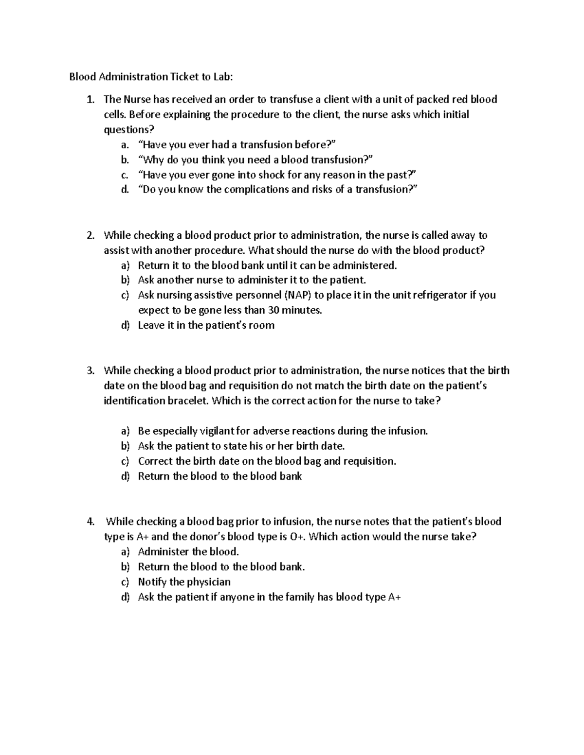 Blood Administration Quiz - Blood Administration Ticket to Lab: 1. The ...