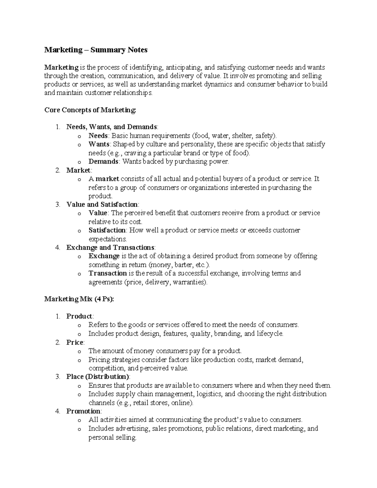 Mkgt notes - marketing mgmt - Marketing – Summary Notes Marketing is ...