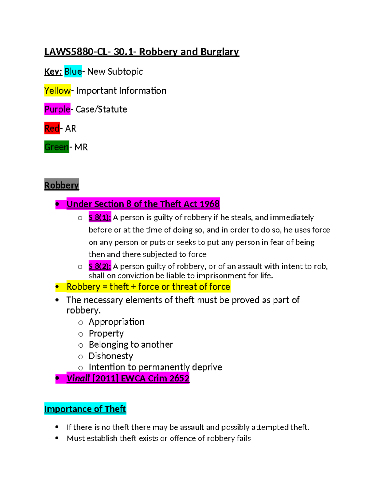 LAWS5080- CL- 30 - Crim notes - LAWS5880-CL- 30- Robbery and Burglary ...