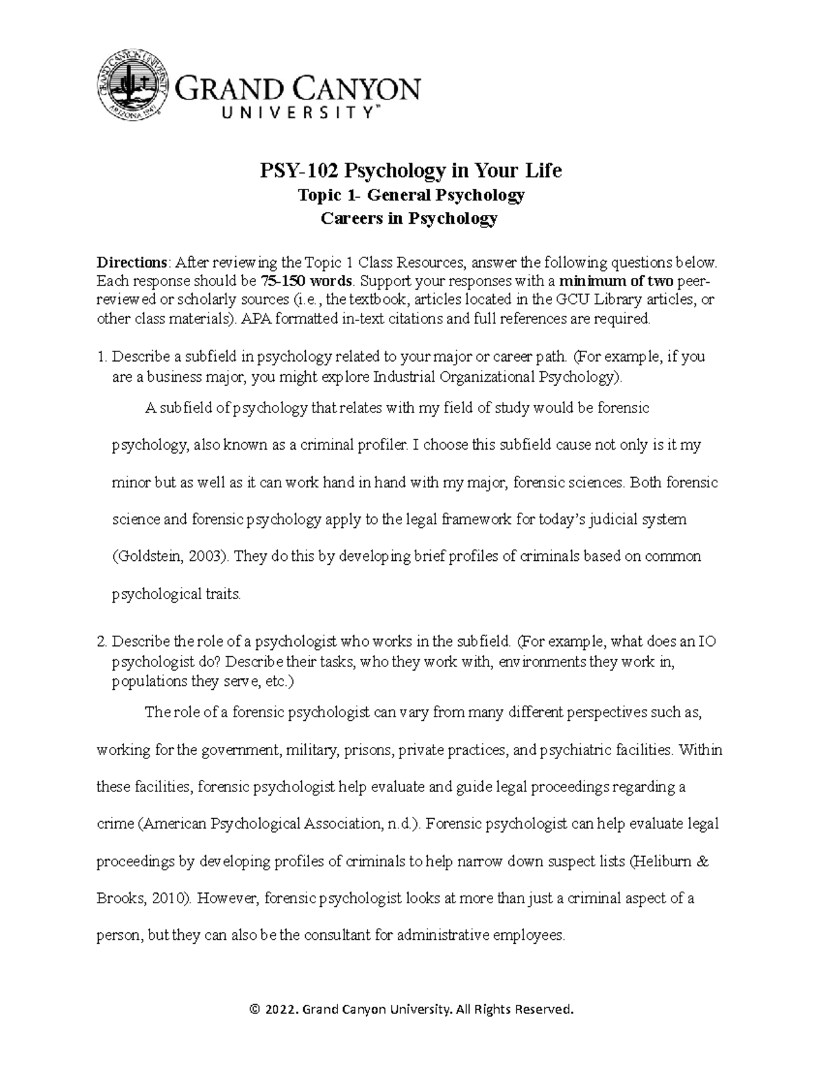 Careers in psychology - course work - PSY-102 Psychology in Your Life ...