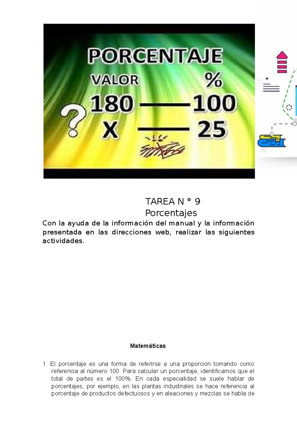 Tarea U9 matematica - TAREA N ° 9 Porcentajes Con la ayuda de la información del manual y la ...