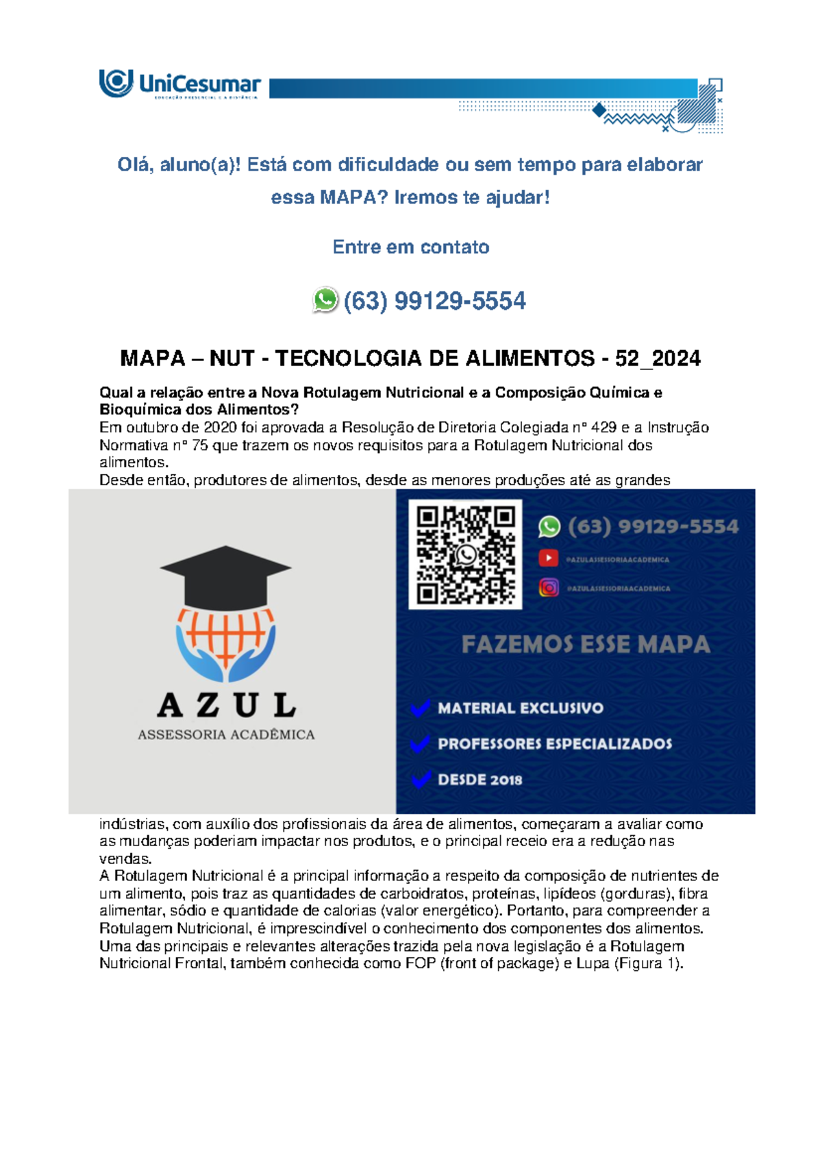 MAPA - NUT - TECNOLOGIA DE ALIMENTOS - 52_2024 - Olá, aluno(a)! Está ...