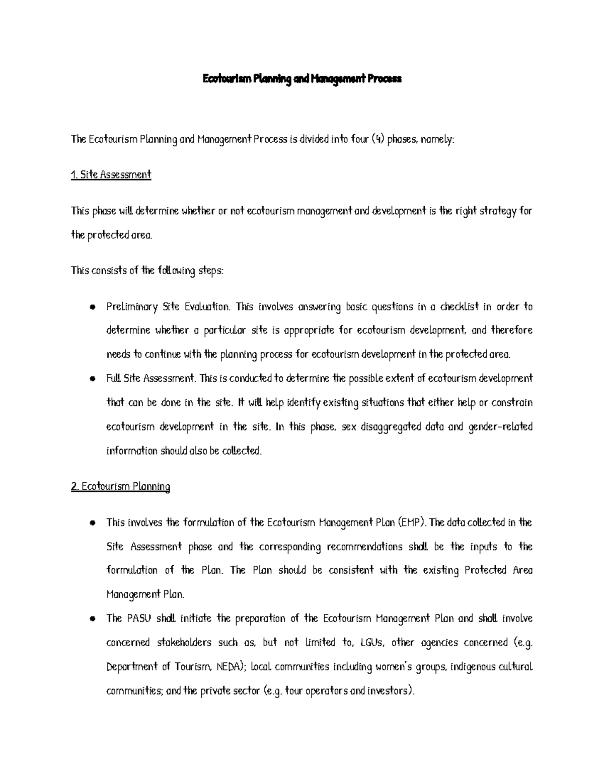 Ecotourism Planning and Management Process - This consists of the ...
