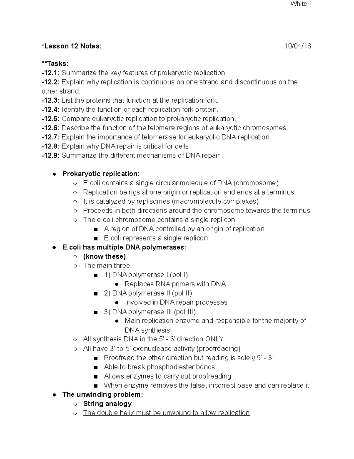 Lesson 12 - Lecture notes 1 - White 1 *Lesson 12 Notes: 10/04/16 ...