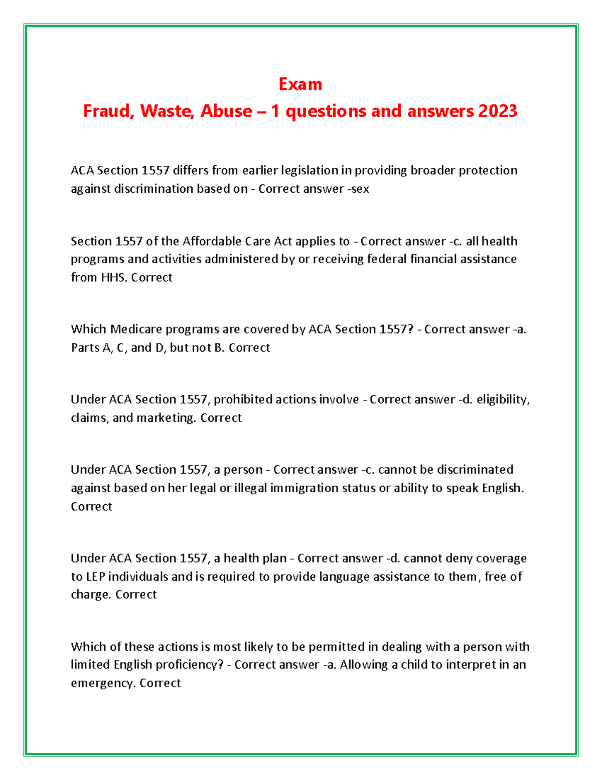 Exam - Ahip - Exam Fraud, Waste, Abuse – 1 questions and answers 2023 ...