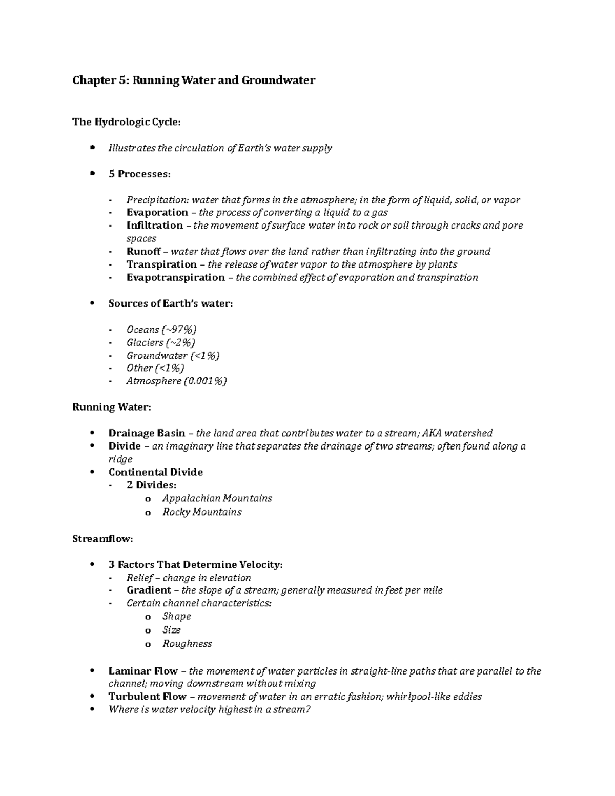 CH 5 Notes - Chapter 5: Running Water and Groundwater The Hydrologic ...
