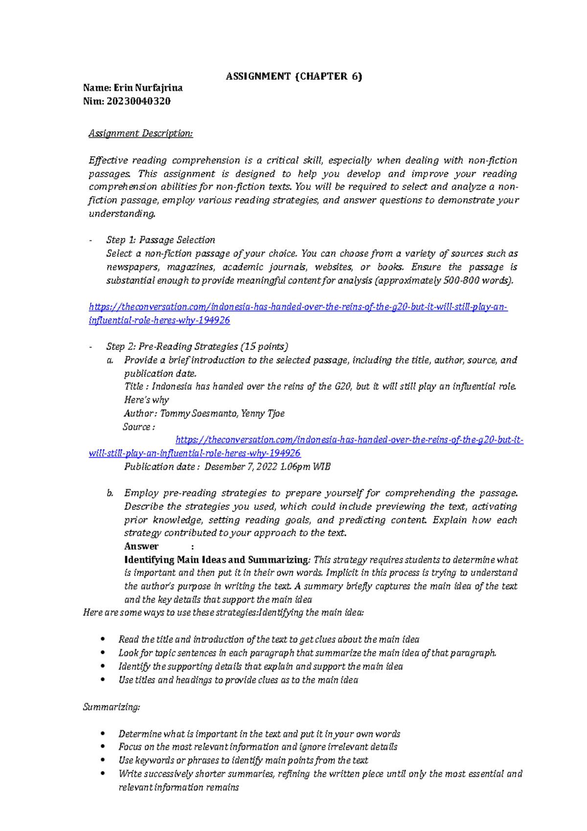 Assignment - help me - ASSIGNMENT (CHAPTER 6) Name: Erin Nurfajrina Nim ...