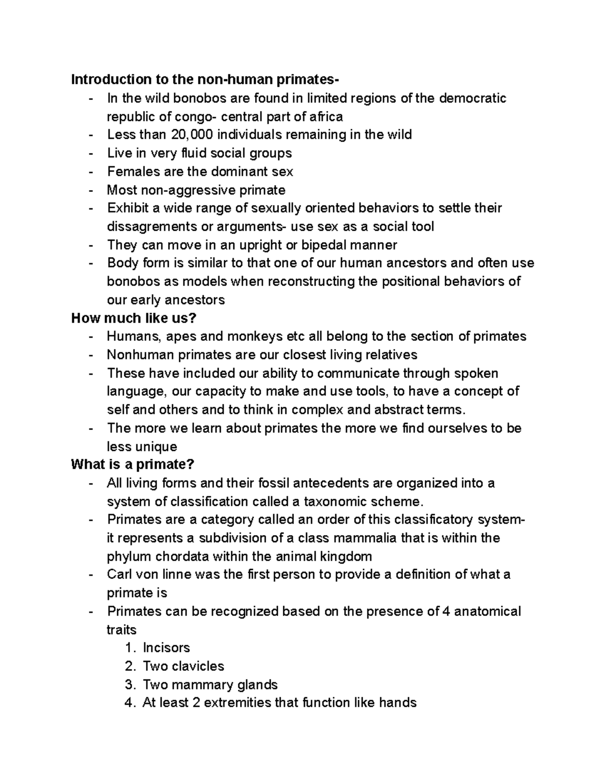 Primate chapter 1 notes - Introduction to the non-human primates- In ...