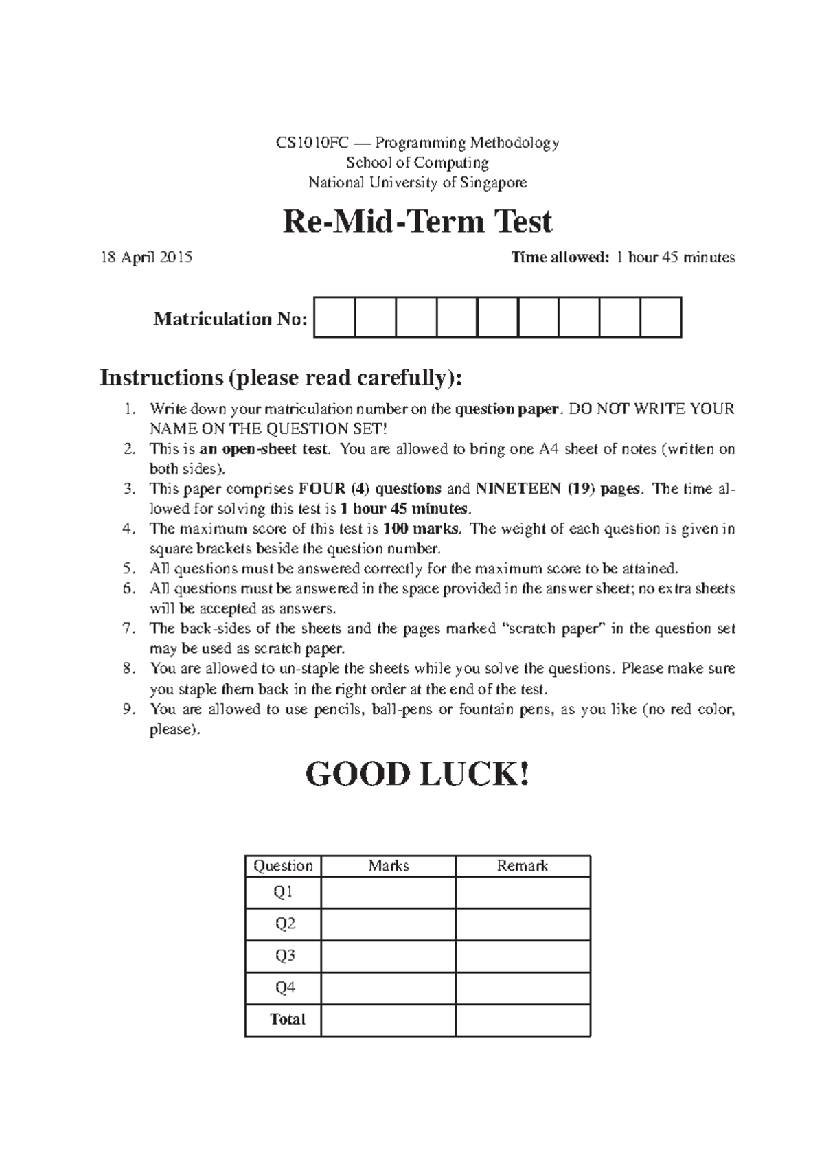 Cs1010fc-remidterm-apr15 - CS1010FC — Programming Methodology School of ...