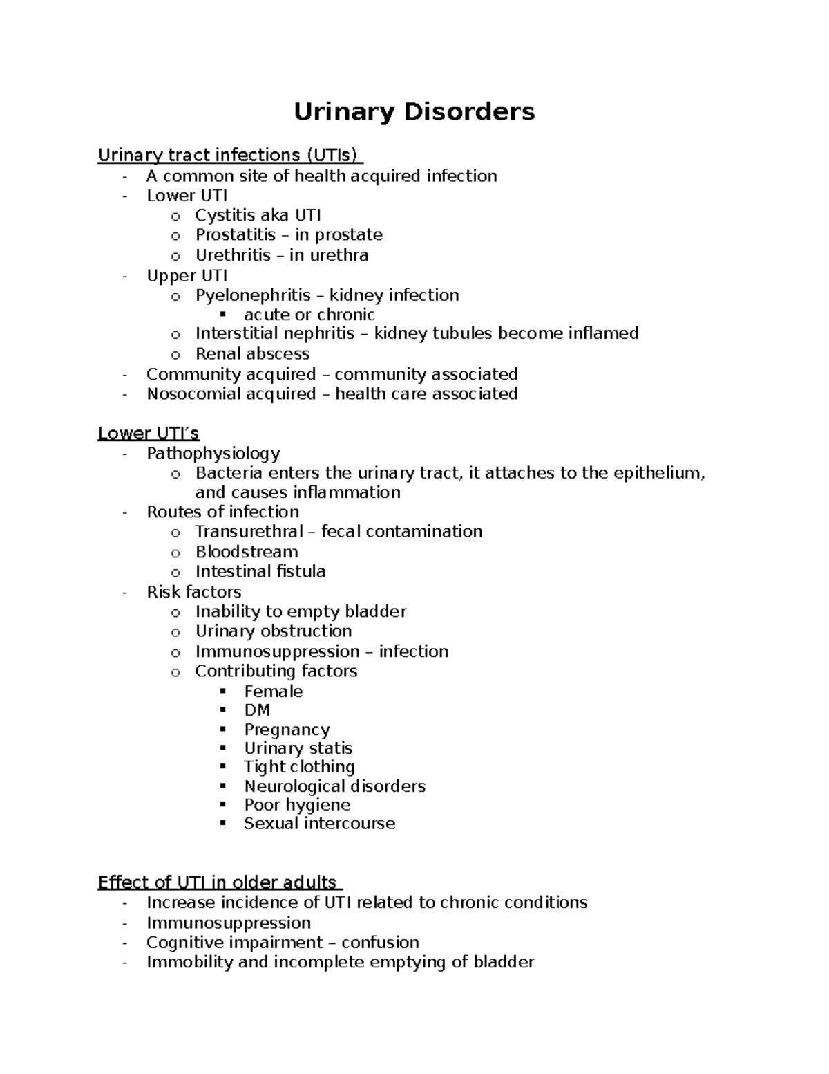 Notes - T4 . Urinary Disorders - Urinary Disorders Urinary tract ...