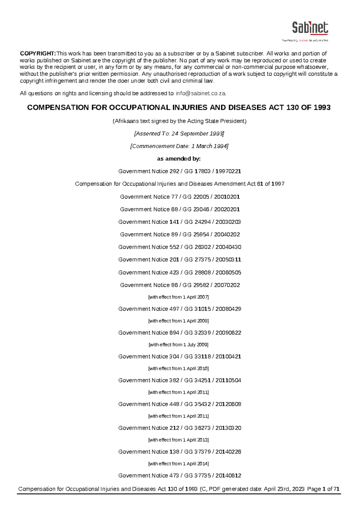 Compensation for Occupational Injuries and Diseases Act - COPYRIGHT ...