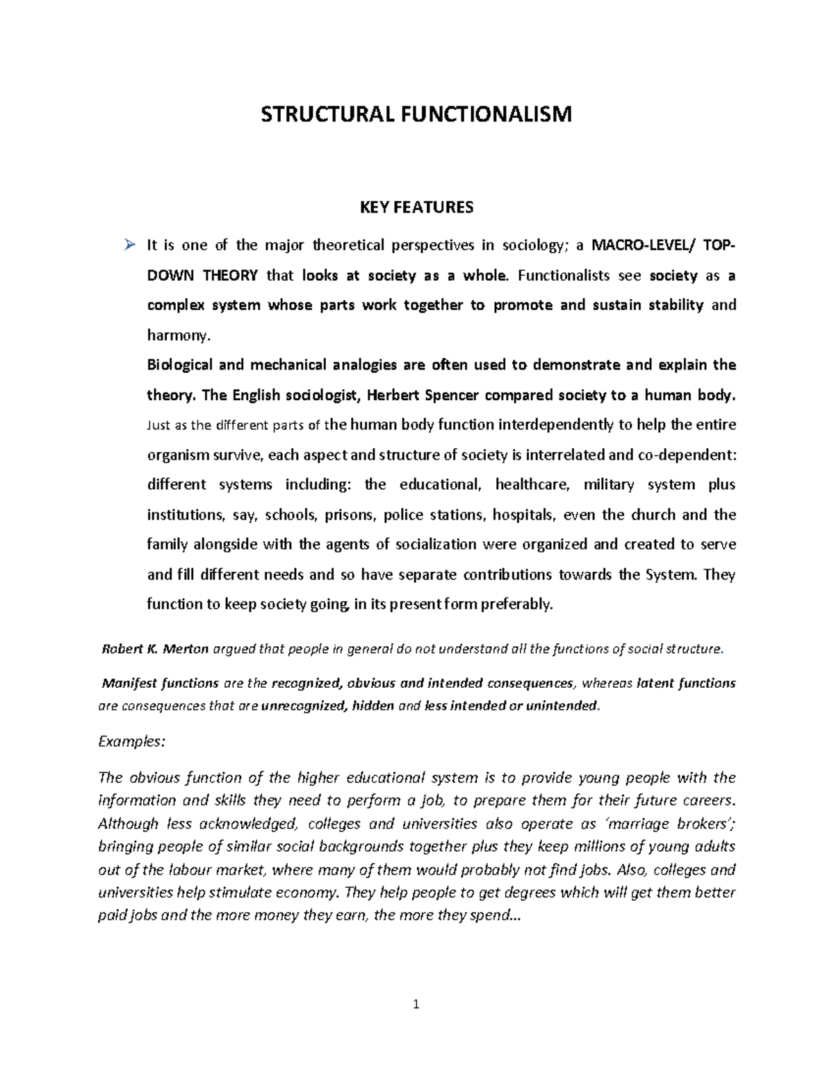 Sociology Notes Structural Functionalism - STRUCTURAL FUNCTIONALISM KEY ...