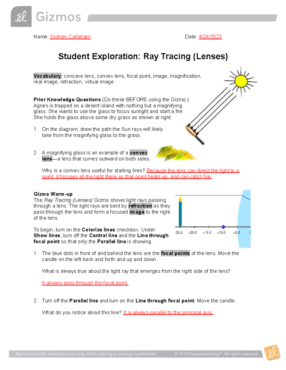 Ray Tracing Lenses SE - Name: Sydney Callaham Date: 4/24/ Student ...
