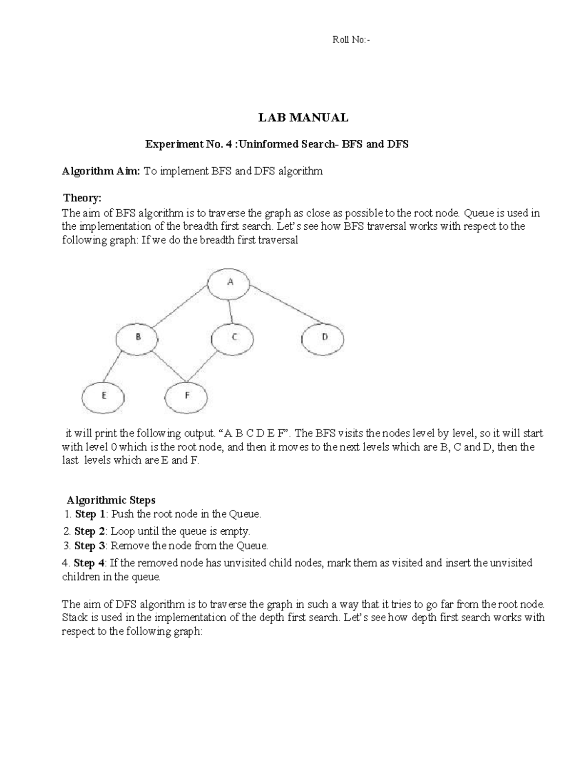 EXP4 - Roll No:- LAB MANUAL Experiment No. 4 :Uninformed Search- BFS ...