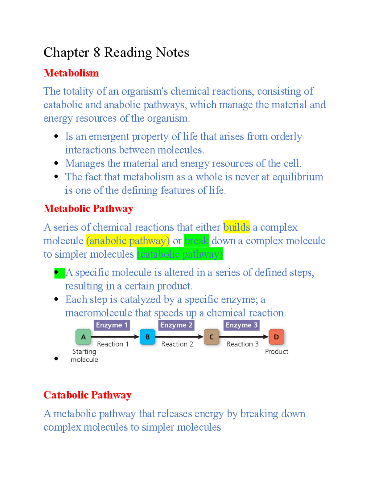 chemistry notes - Chapter 8 Reading Notes Metabolism The totality of an ...