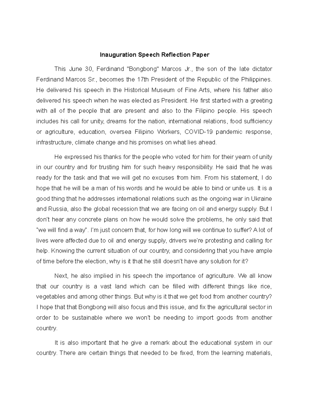 Inauguration Speech Reflection - , the son of the late dictator ...