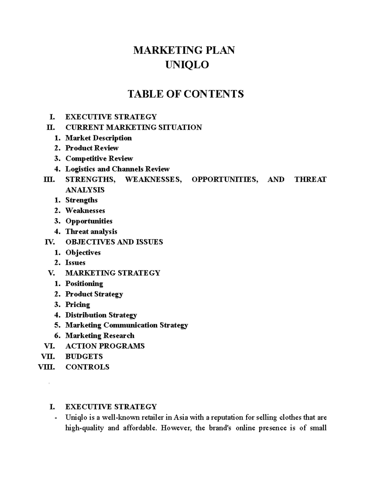 Major Assignment 1 Po M DH49MAR001 Nhóm 3 - MARKETING PLAN UNIQLO TABLE ...